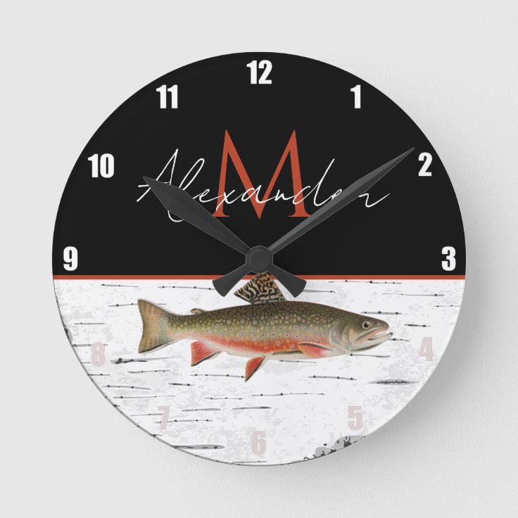 Rustic Aspen Bark Trout Fisherman Lake House Round Clock | Zazzle