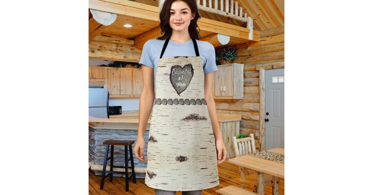Rustic Aspen Bark Wood Carved Heart #1 Mom Name Apron | Zazzle