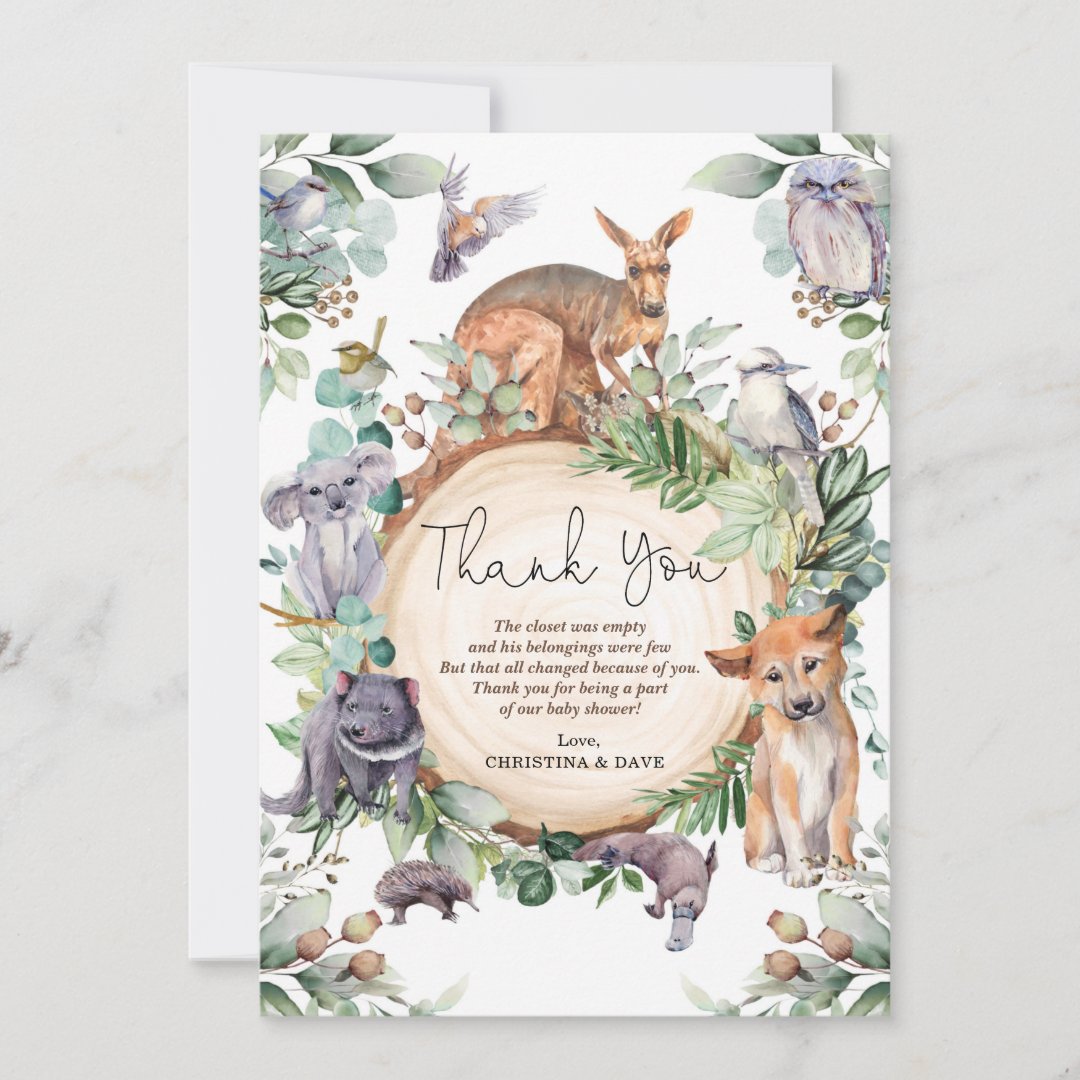 Rustic Australian Animals Wildlife Native Greenery Thank You Card | Zazzle