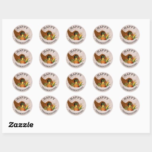 Rustic Autumn Cornucopia Happy Thanksgiving Classic Round Sticker | Zazzle