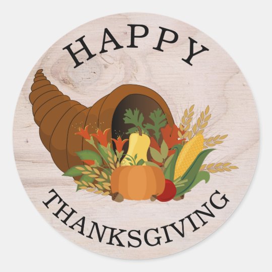 Rustic Autumn Cornucopia Happy Thanksgiving Classic Round Sticker ...