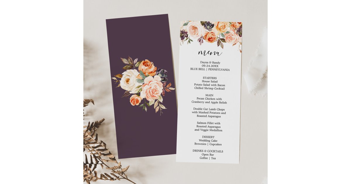 Rustic Autumn Elegant Floral Dinner Menu Card | Zazzle