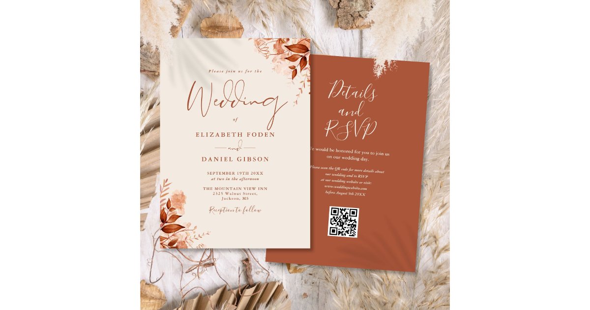 Rustic Autumn Fall Floral QR Code Wedding Invitation | Zazzle
