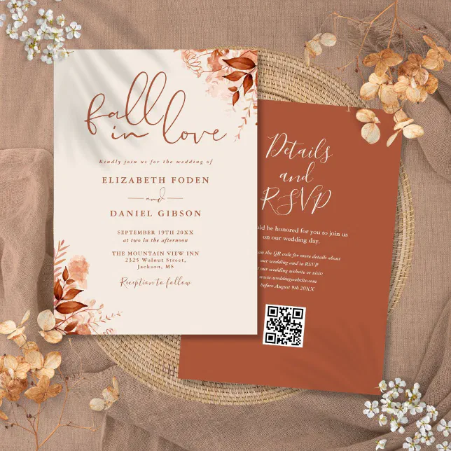 Rustic Autumn Fall Floral QR Code Wedding Invitation | Zazzle