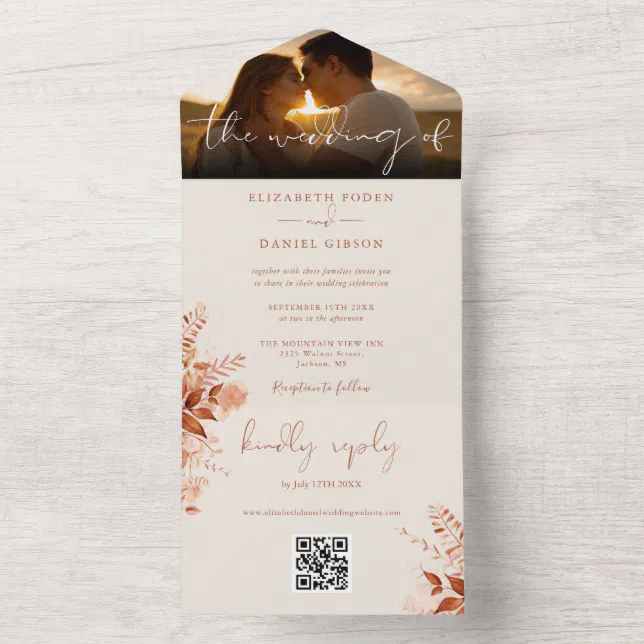 Rustic Autumn Fall Floral QR Code Wedding Photo All In One Invitation ...