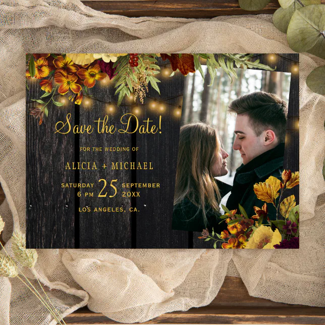 Rustic autumn fall floral wood photo wedding save the date | Zazzle