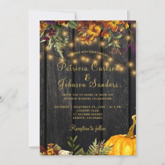 Rustic autumn fall floral wood pumpkin wedding invitation | Zazzle