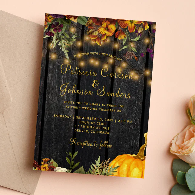 Rustic autumn fall floral wood pumpkin wedding invitation | Zazzle