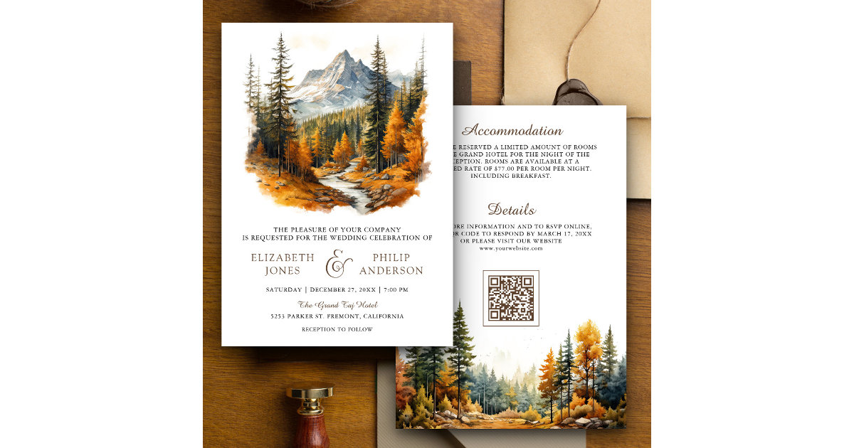 Rustic Autumn Fall Mountain Forest QR Code Wedding Invitation | Zazzle