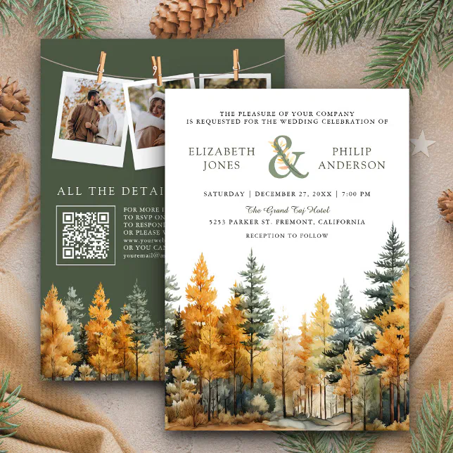 Rustic Autumn Fall Pine Trees QR Code Wedding Invitation | Zazzle