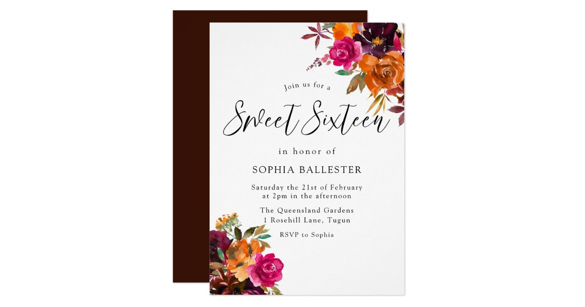 Rustic Autumn Fall Watercolor Floral Sweet 16 Invitation | Zazzle.com