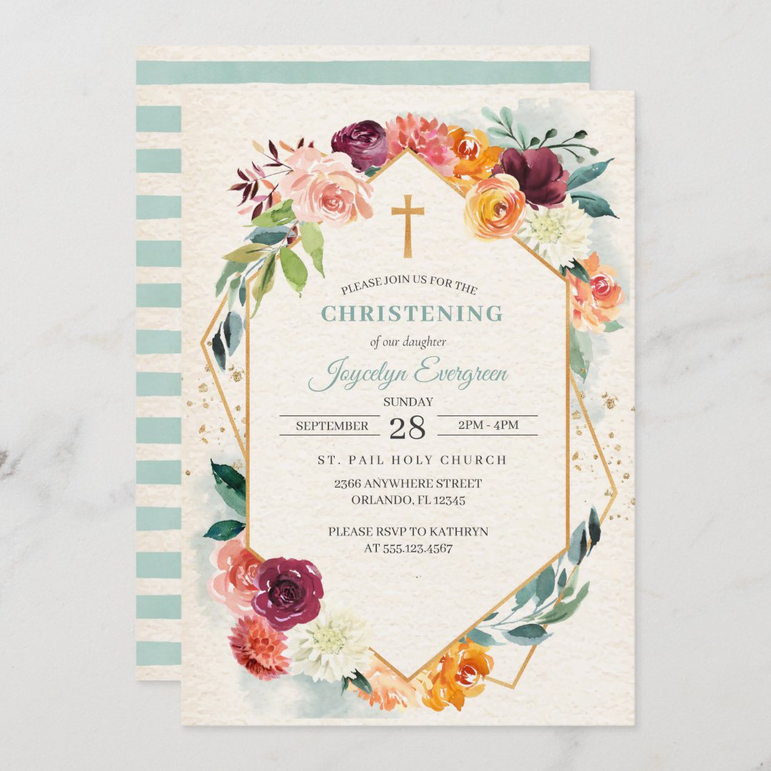 Rustic Autumn Floral Christening Invitation | Zazzle