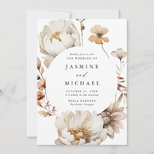 Rustic Autumn Floral Circle Frame Wedding Invitation | Zazzle