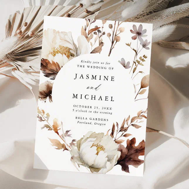 Rustic Autumn Floral Circle Frame Wedding Invitation | Zazzle