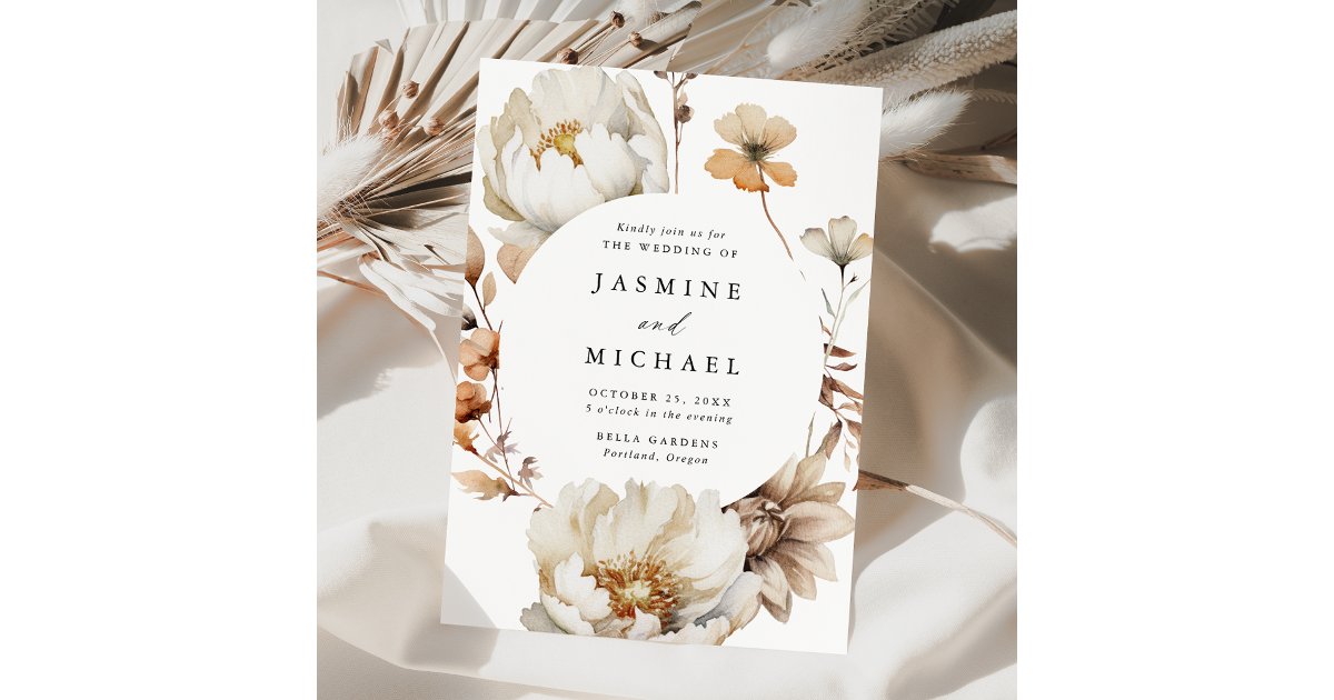 Rustic Autumn Floral Circle Frame Wedding Invitation | Zazzle