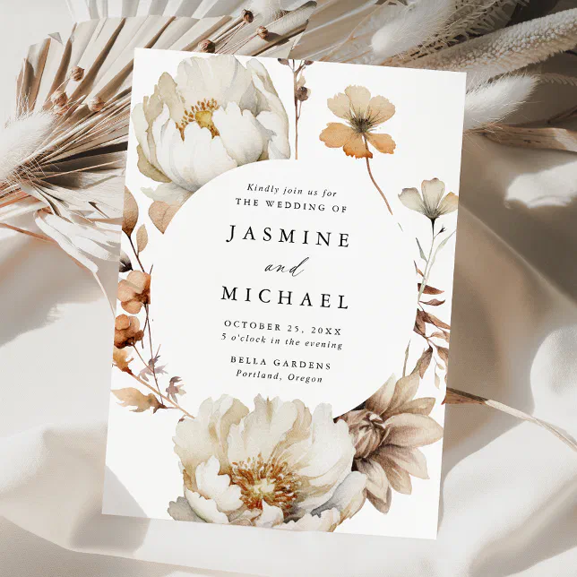 Rustic Autumn Floral Circle Frame Wedding Invitation | Zazzle