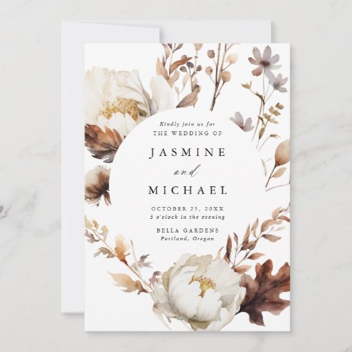 Rustic Autumn Floral Circle Frame Wedding Invitation | Zazzle