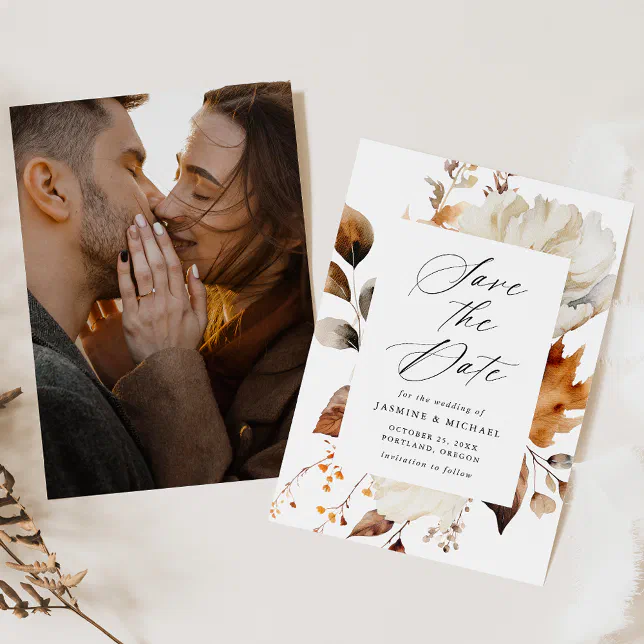 Rustic Autumn Floral Frame Photo Wedding Save The Date | Zazzle