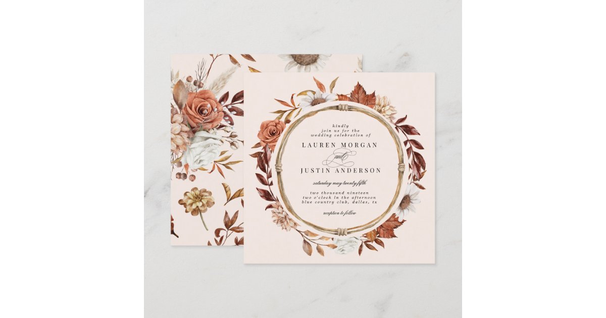 rustic autumn floral square Wedding Invitation | Zazzle