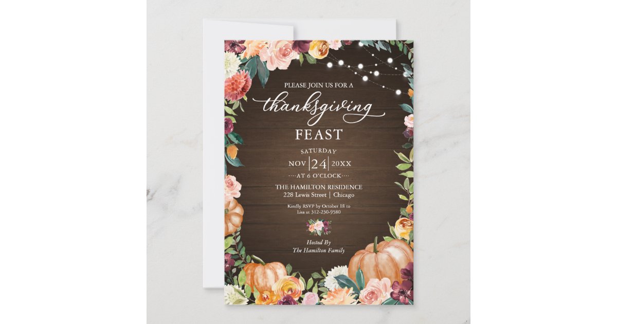 Rustic Autumn Floral Thanksgiving Feast Invitation | Zazzle