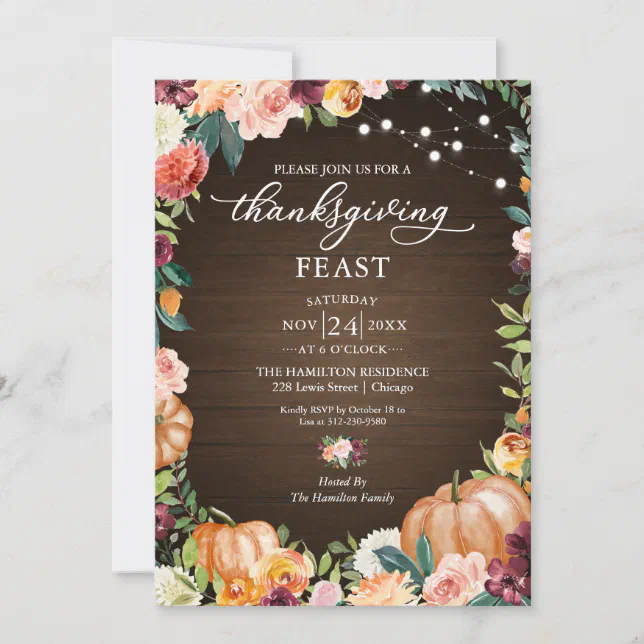 Rustic Autumn Floral Thanksgiving Feast Invitation | Zazzle