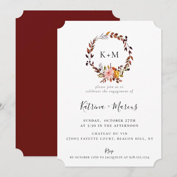 Rustic Autumn Floral Wreath Engagement Invitation | Zazzle