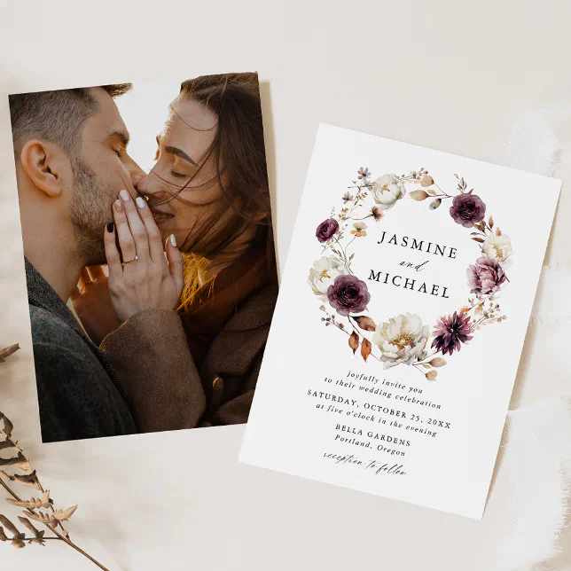 Rustic Autumn Floral Wreath Photo Wedding Invitation | Zazzle