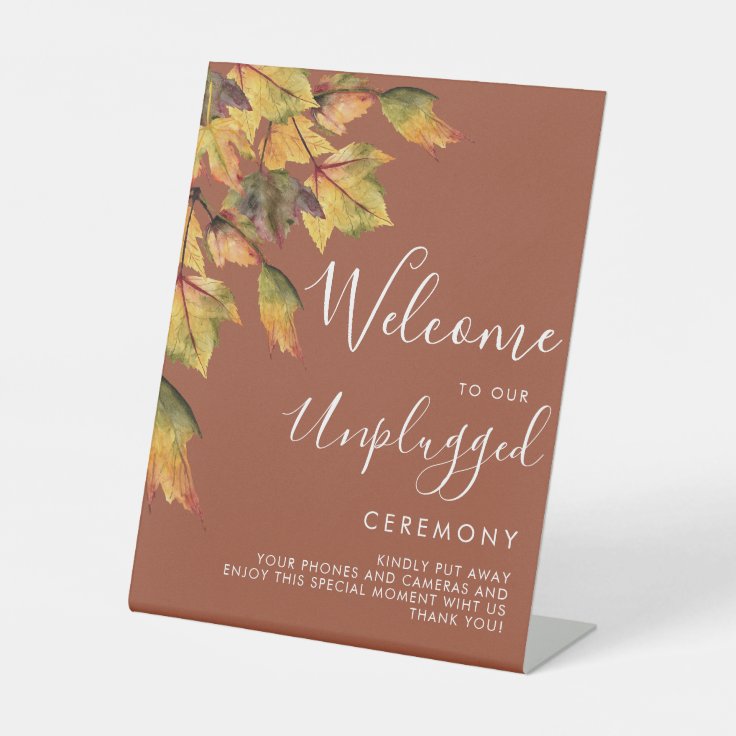 Rustic Autumn Foliage Wedding Unplugged Ceremony Pedestal Sign | Zazzle
