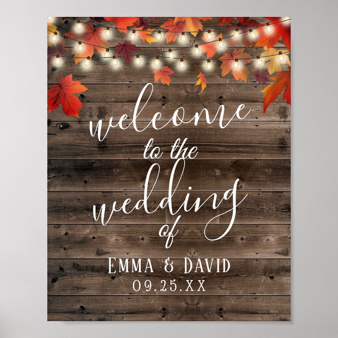 Rustic Autumn Leaves Barn Wood Wedding Sign | Zazzle
