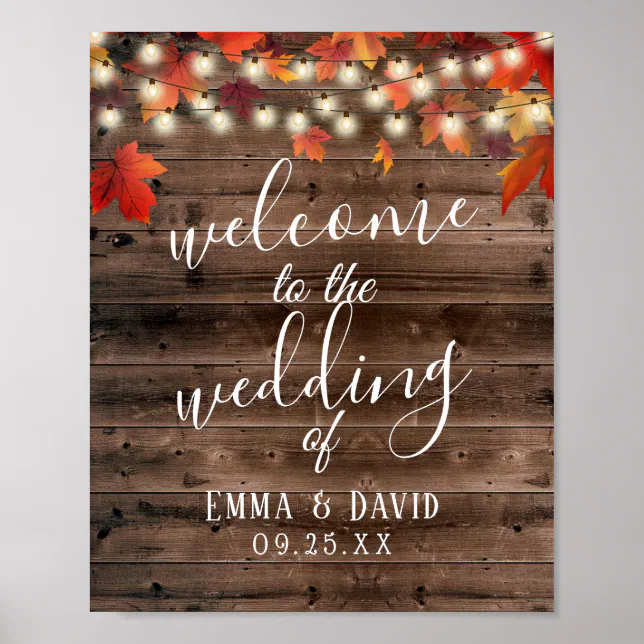 Rustic Autumn Leaves Barn Wood Wedding Sign | Zazzle