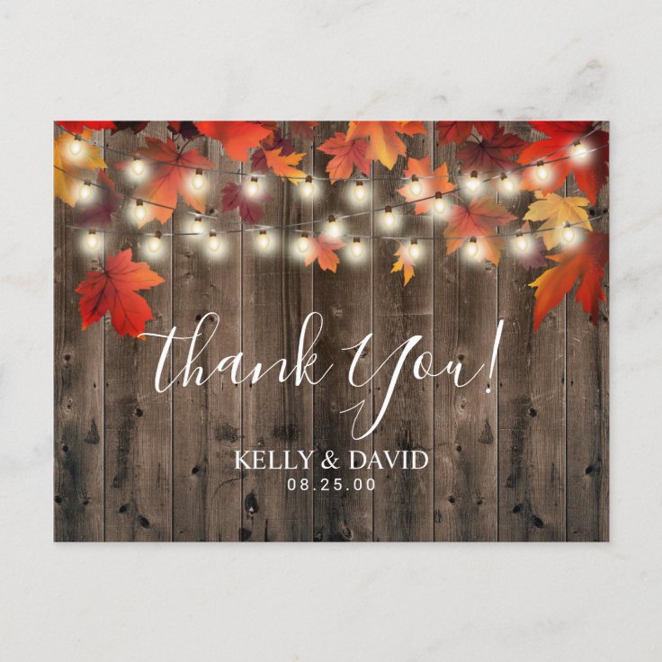 Rustic Autumn Leaves Fall Wedding Thank You Postcard | Zazzle