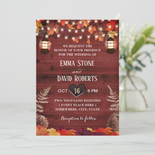 Rustic Autumn Leaves Lantern Red Barn Wedding Invitation | Zazzle