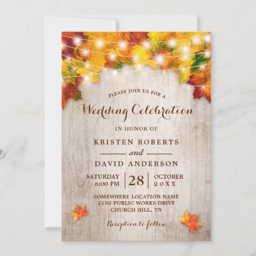 Rustic Autumn Leaves String Lights Fall Wedding Invitation | Zazzle
