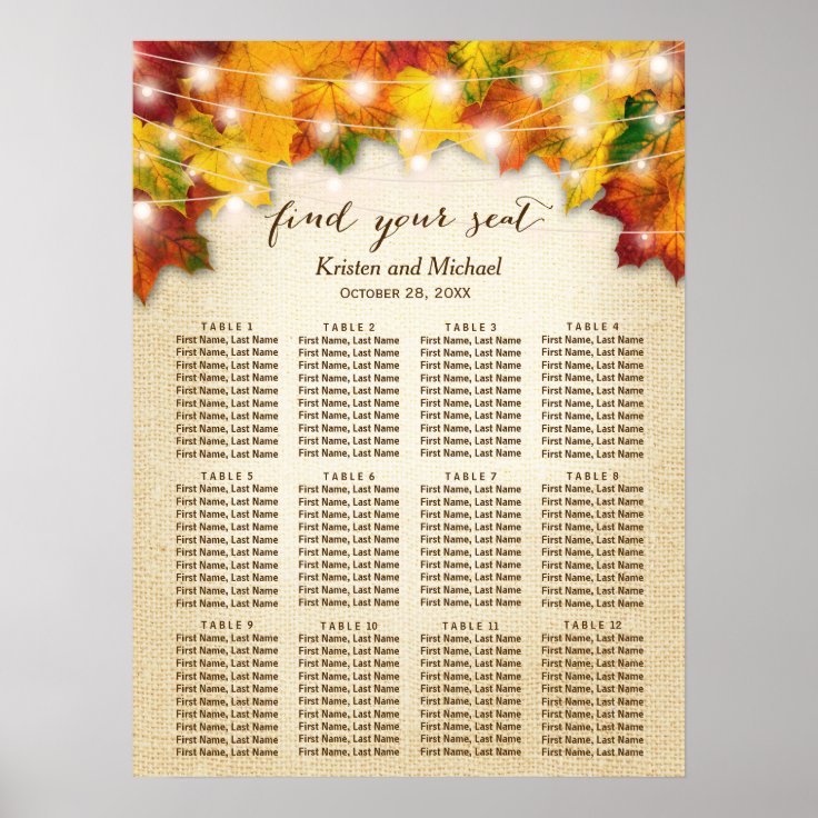 Rustic Autumn Leaves String Lights Seating Chart | Zazzle