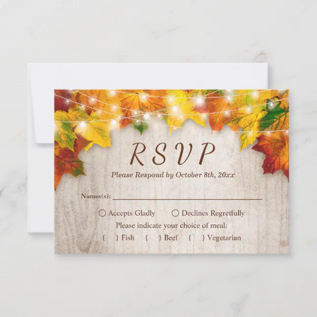 Rustic Autumn Leaves String Lights Wedding RSVP | Zazzle