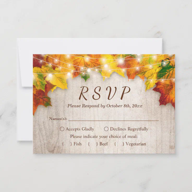 Rustic Autumn Leaves String Lights Wedding RSVP | Zazzle