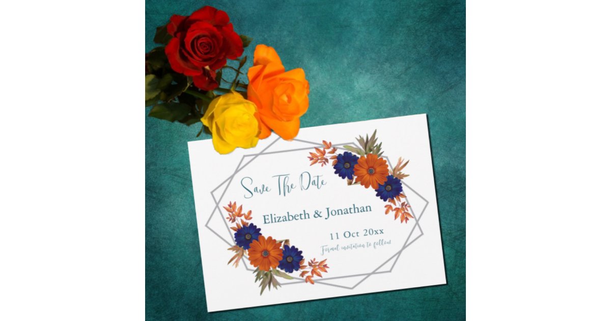 Rustic Autumn Orange Navy Blue Floral Wedding Save The Date | Zazzle