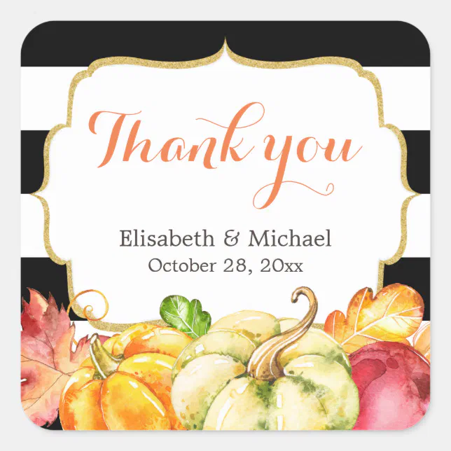Rustic Autumn Pumpkins Fall Leaves Thank You Square Sticker | Zazzle