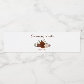 Rustic Autumn Roses Burnt Umber & Orange Wedding Water Bottle Label ...
