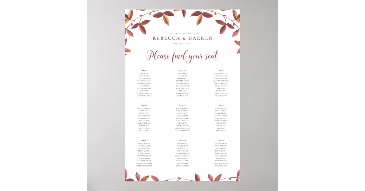 Rustic Autumn Seating Chart Fall Leaves | Zazzle