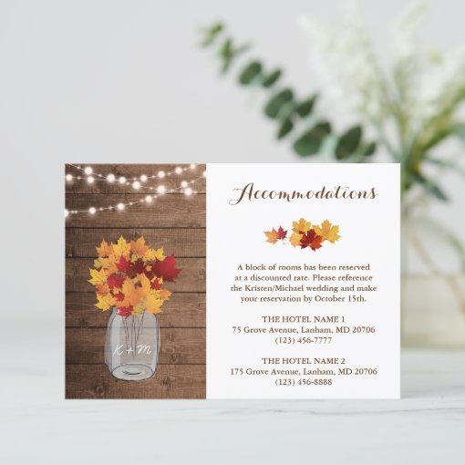 Rustic Autumn String Lights Wedding Accommodations Enclosure Card | Zazzle