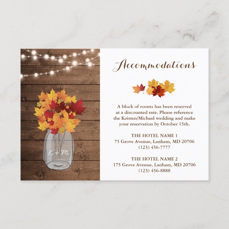 Rustic Autumn String Lights Wedding Accommodations Enclosure Card | Zazzle