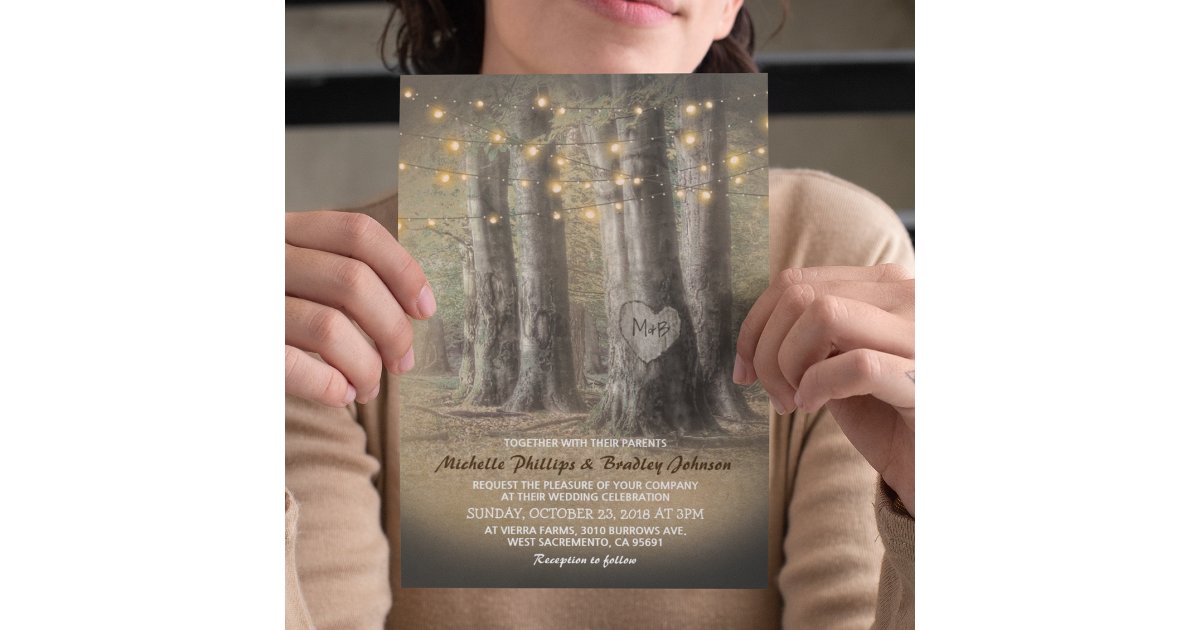 Rustic Autumn Tree & String Lights Wedding Invitation | Zazzle
