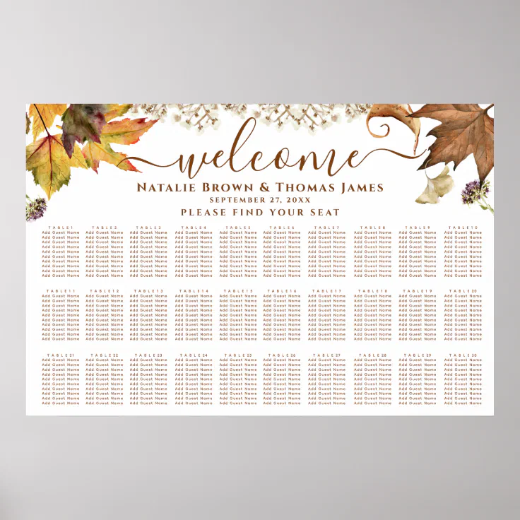 Rustic Autumn Wedding 30 Table Seating Poster | Zazzle