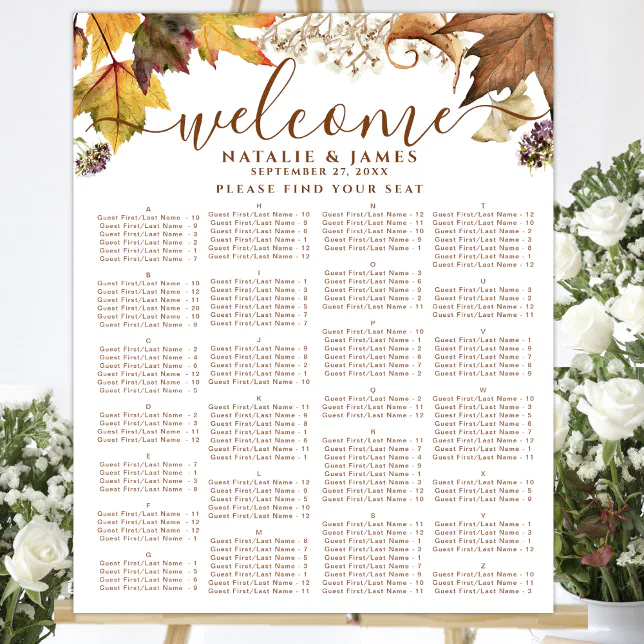 Rustic Autumn Wedding Alphabetical Seating Chart | Zazzle