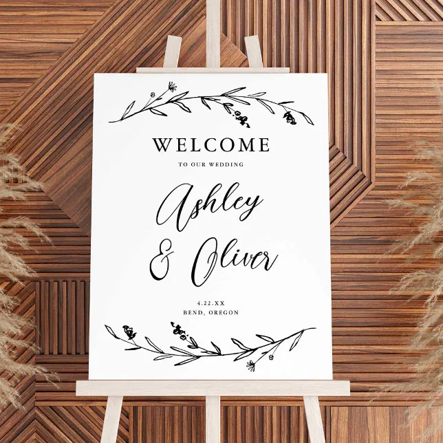 Rustic B & W Wildflowers Wedding Welcome Sign | Zazzle