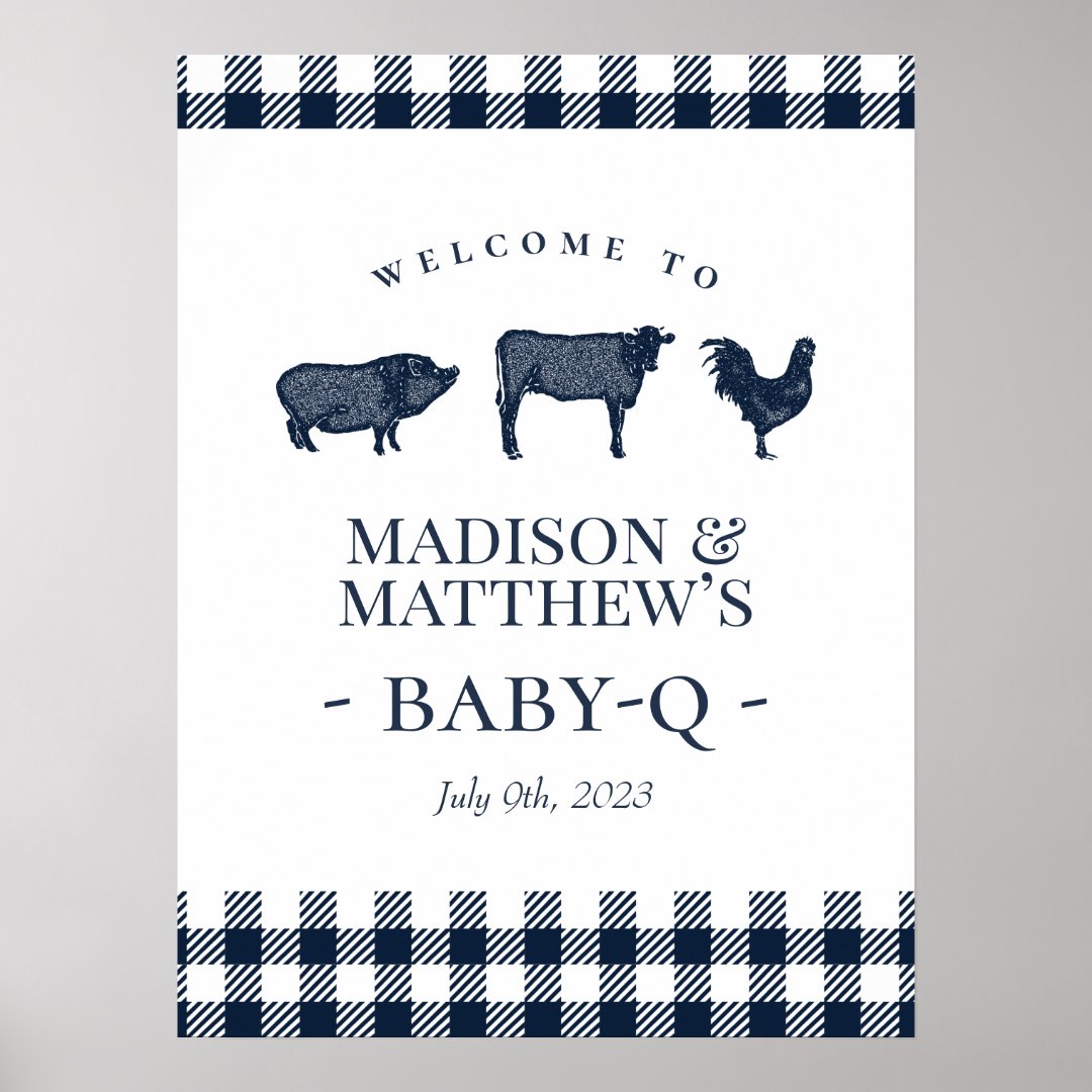 Rustic Baby BBQ Blue Plaid Welcome Poster | Zazzle
