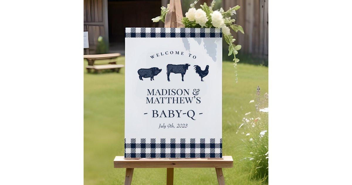 Rustic Baby BBQ Blue Plaid Welcome Sign | Zazzle