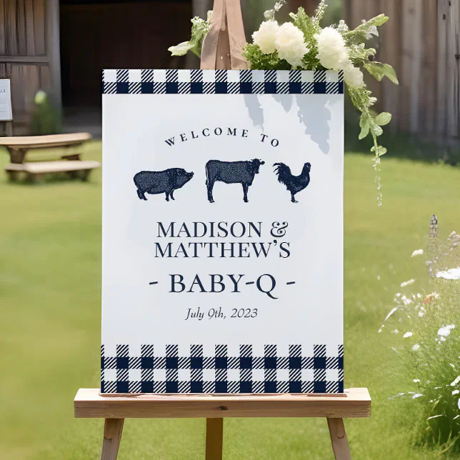 Rustic Baby BBQ Blue Plaid Welcome Sign | Zazzle