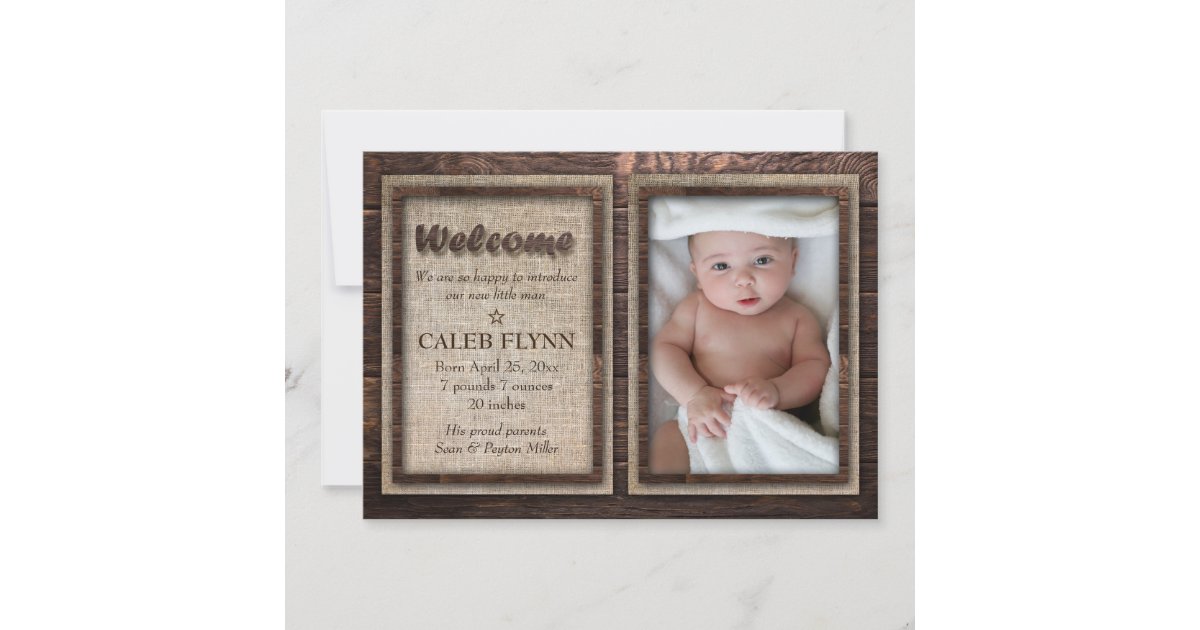 Rustic Baby Boy Custom Photo Birth Announcement | Zazzle